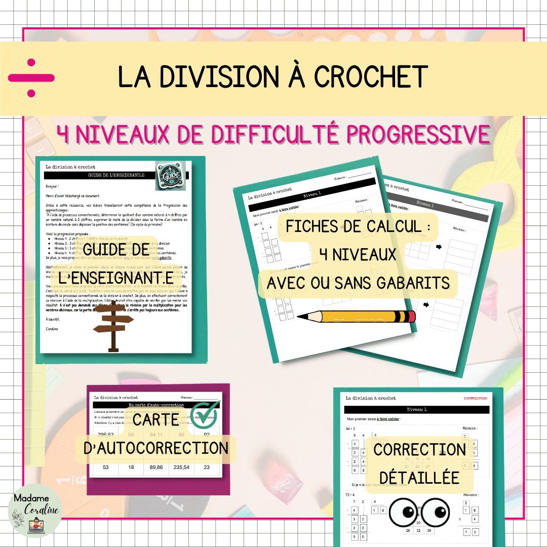 Division à crochet | Exercices 4 niveaux – Madame Coraline